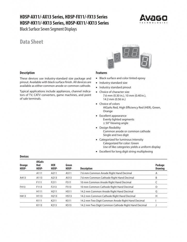 HDSP series datasheet page 1