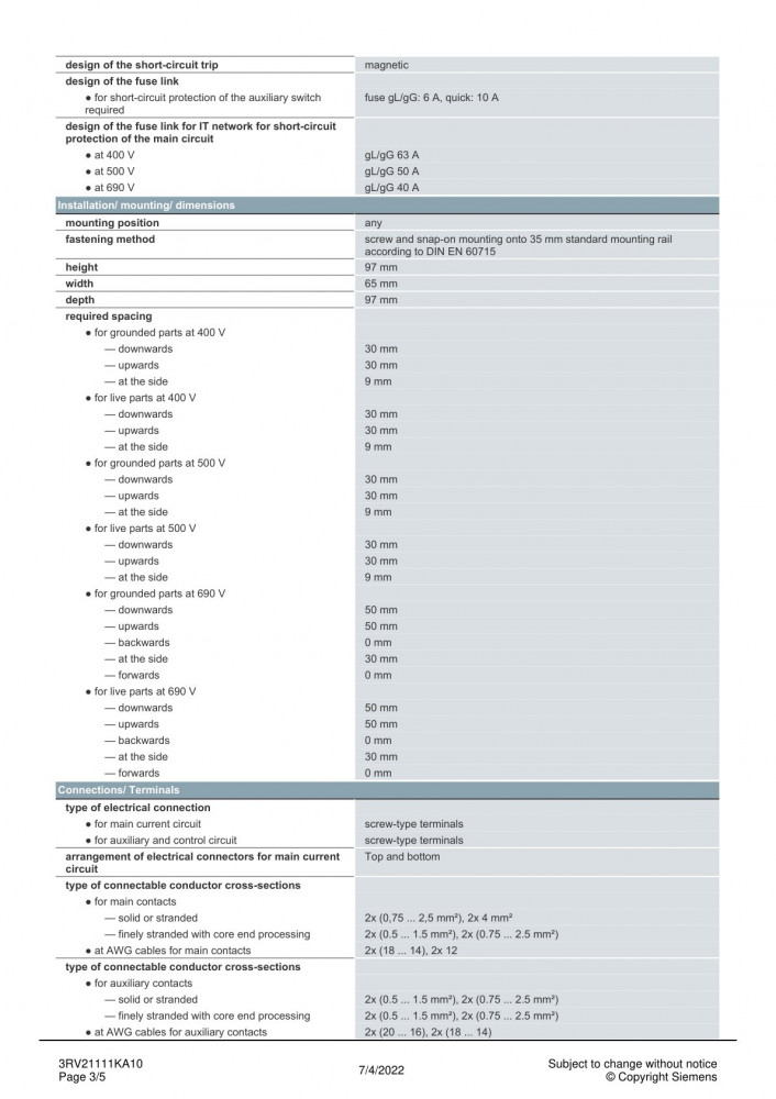 3RV21111KA10 datasheet page 3