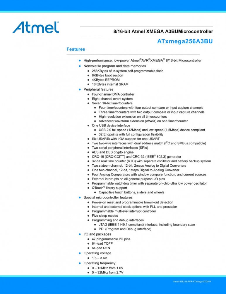 ATxmega256A3BU datasheet page 1