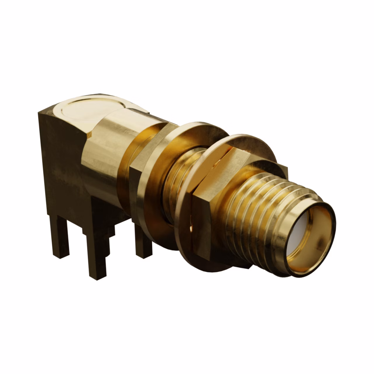 SMA Jack, Right-Angle, Bulkhead Receptacle, PCB, Through Hole, Brass Body, Gold (Au) Plated, 50 Ohms for sale