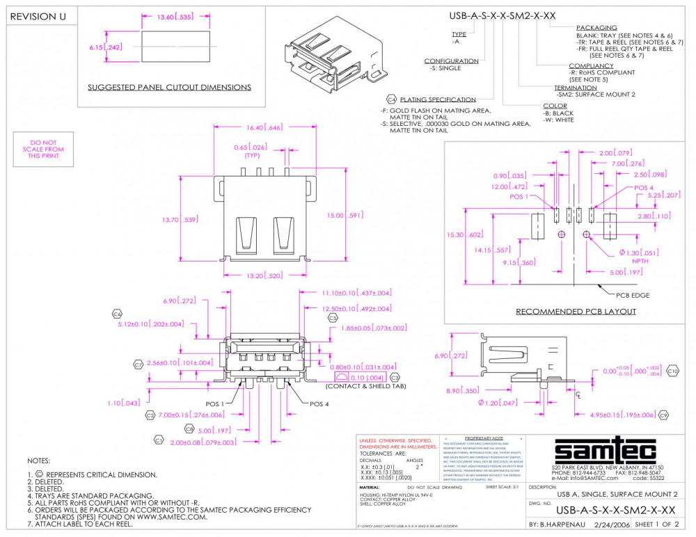 Samtec USB connector technical document page 1