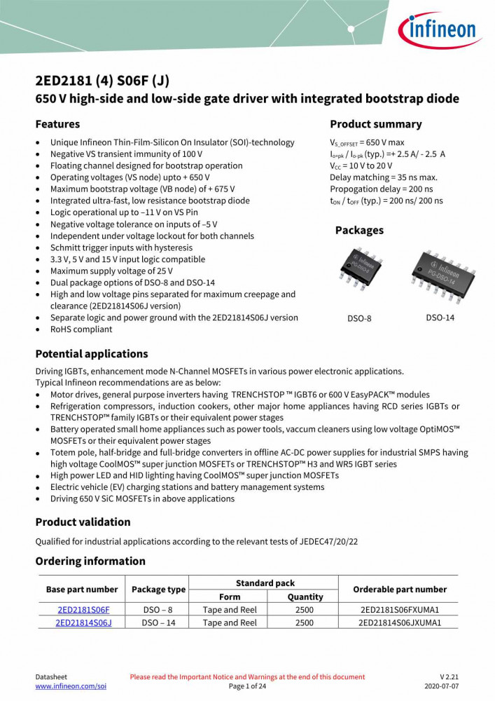 2ED21814S06J datasheet page 1
