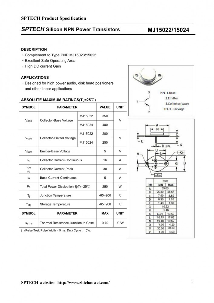 SPTECH MJ15024 datasheet page 1