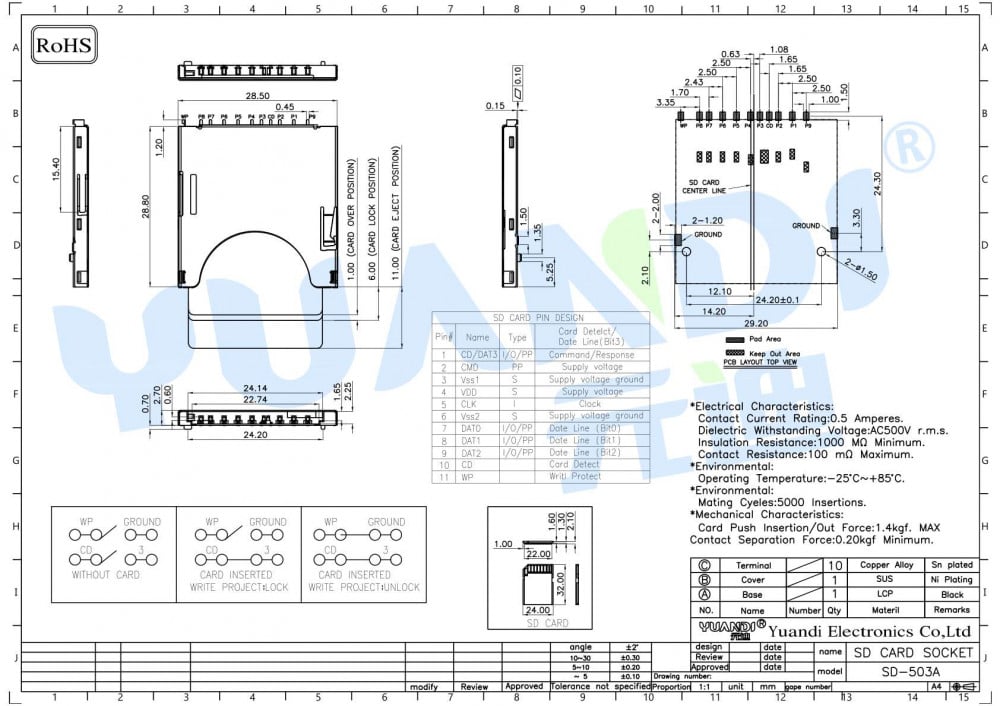 Yuandi SD-503A SD card socket drawing
