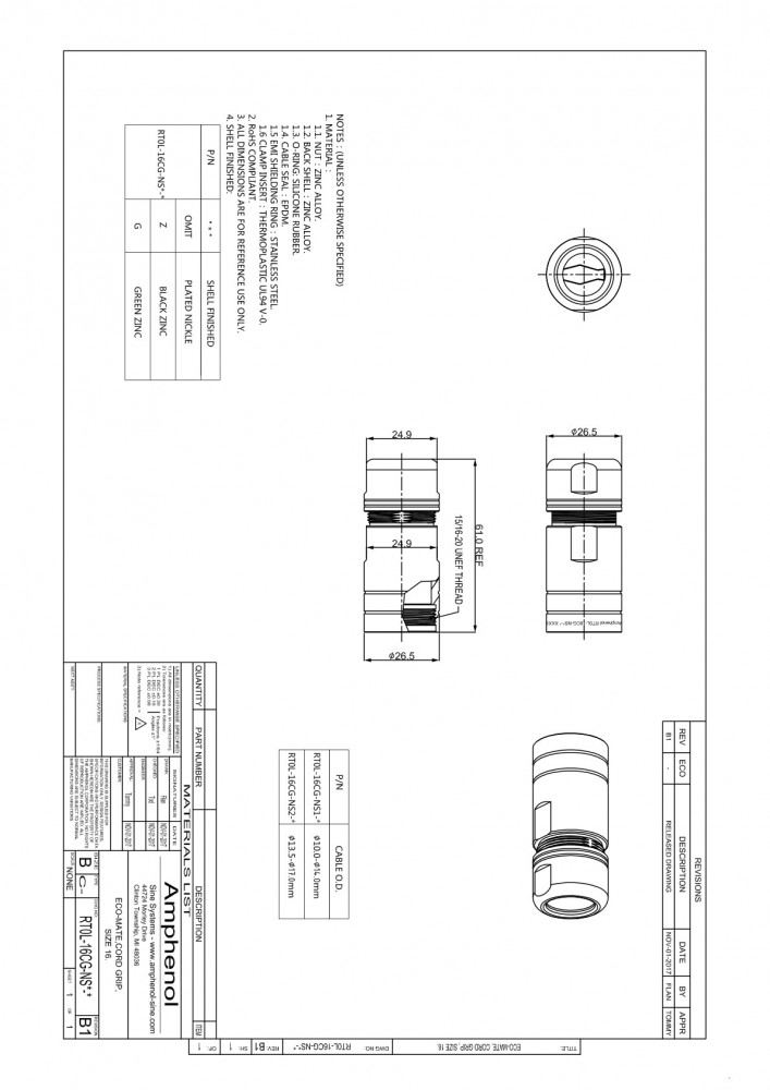 Amphenol RT0L-16CG-NS2 technical drawing page
