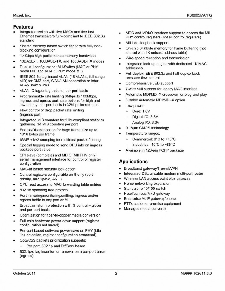 KSZ8995FQI datasheet page 2