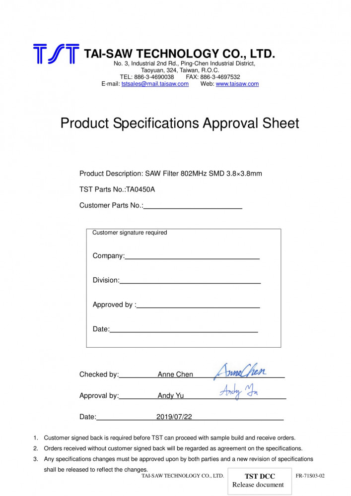TA0450A technical document page 1