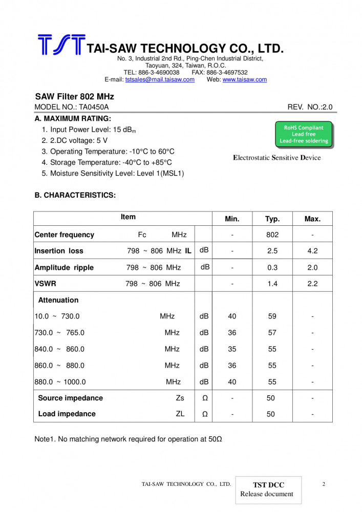 TA0450A technical document page 2