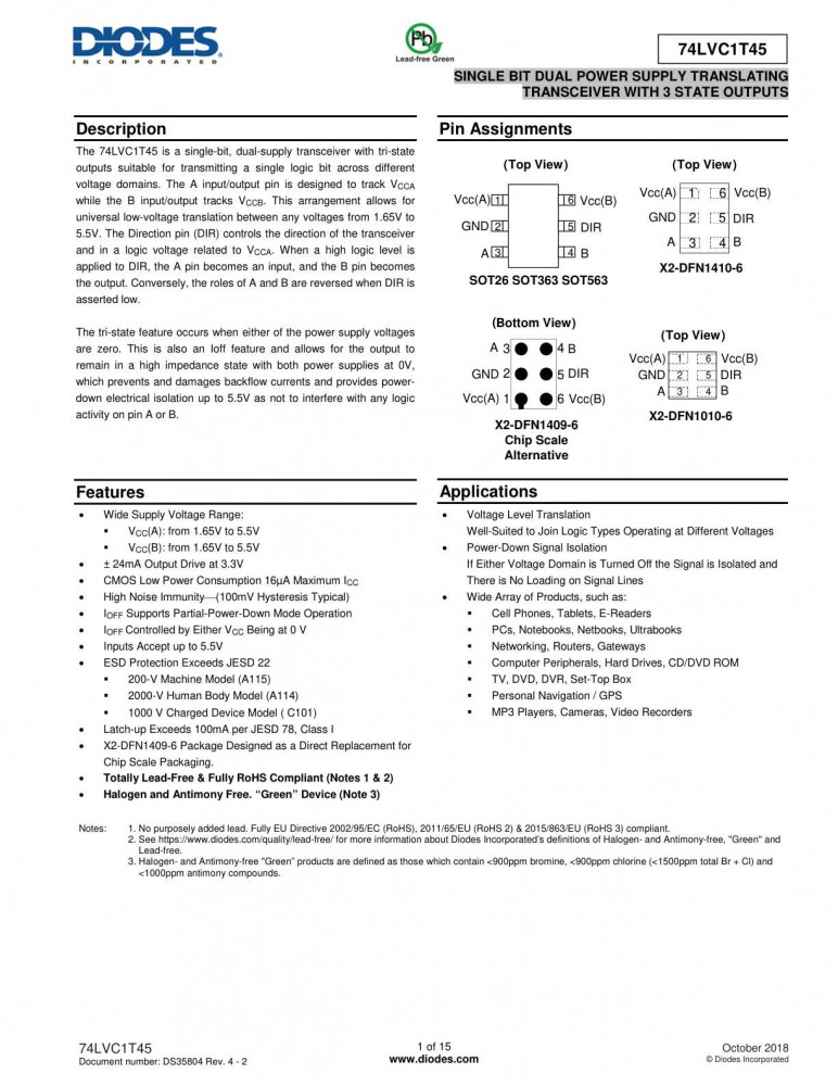 74LVC1T45Z6-7 datasheet page 1