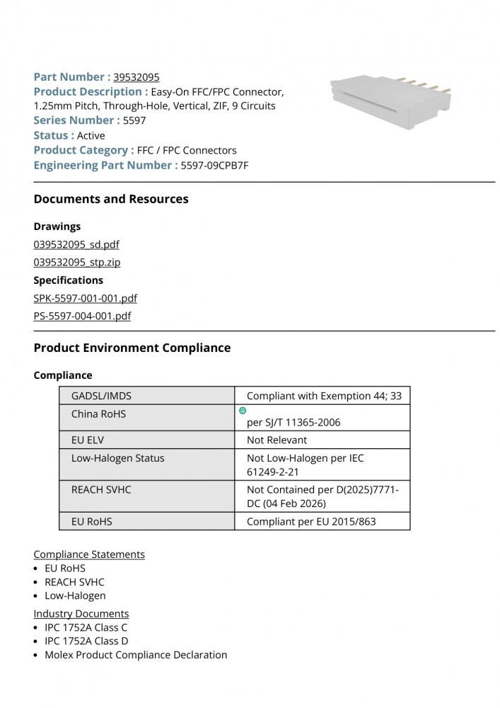 Technical document page 1 for MOLEX 39532095