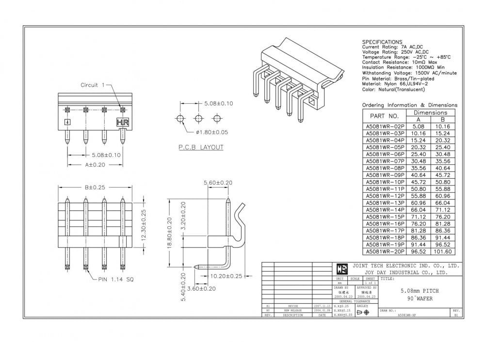 Joint Tech Elec A5081WR-05P 5.08 mm pitch 90 degree wafer drawing