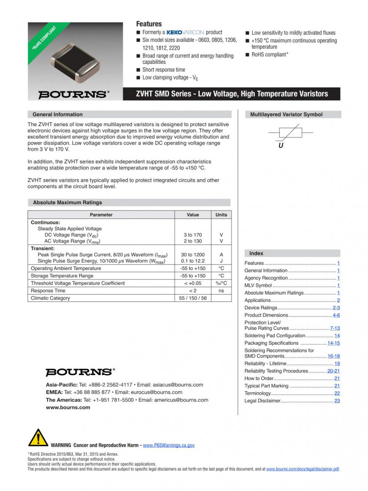 BOURNS ZVHT datasheet page 1