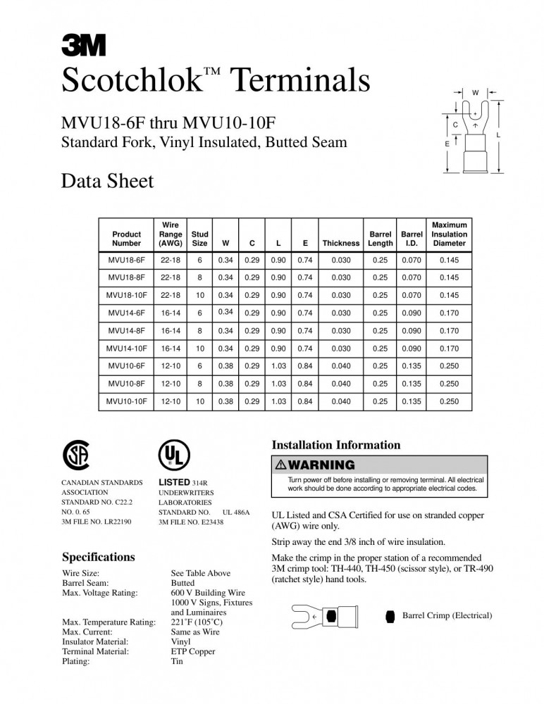 3M Scotchlok MVU14-6FK technical data sheet page 1