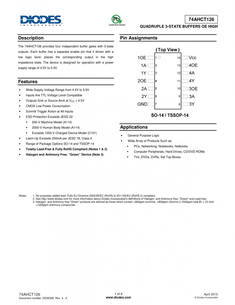 74AHCT126T14-13 datasheet page 1