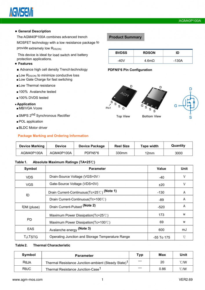 AGM40P100A datasheet page 1