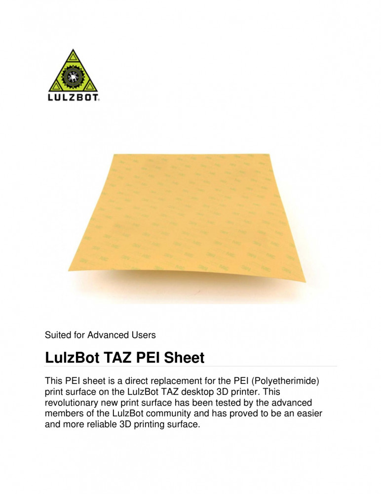 LulzBot TAZ PEI sheet product documentation image, page 1