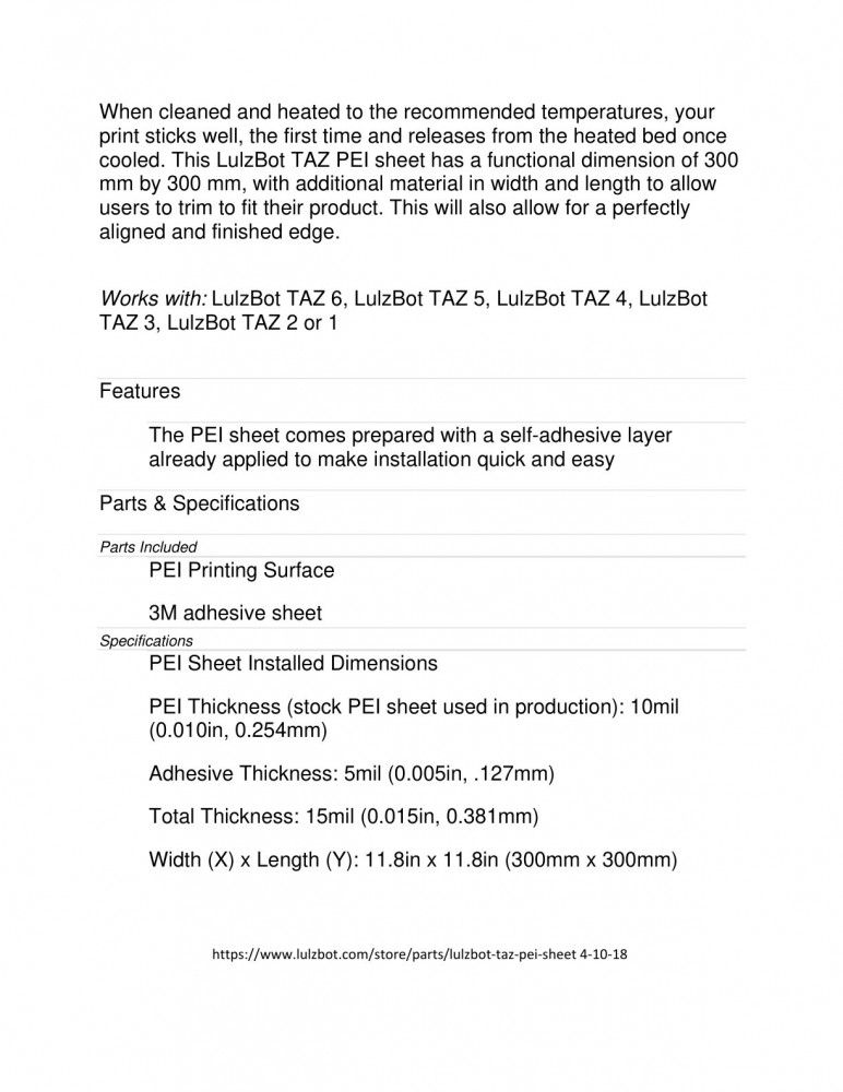 LulzBot TAZ PEI sheet product documentation image, page 2
