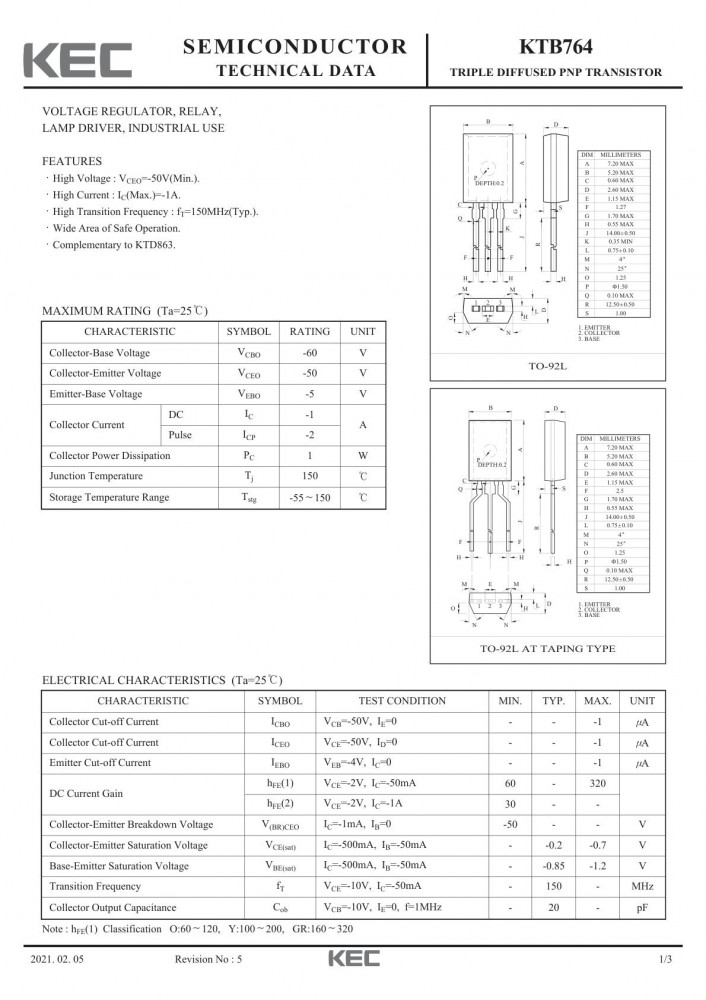 KTB764-Y-AT/P datasheet page 1