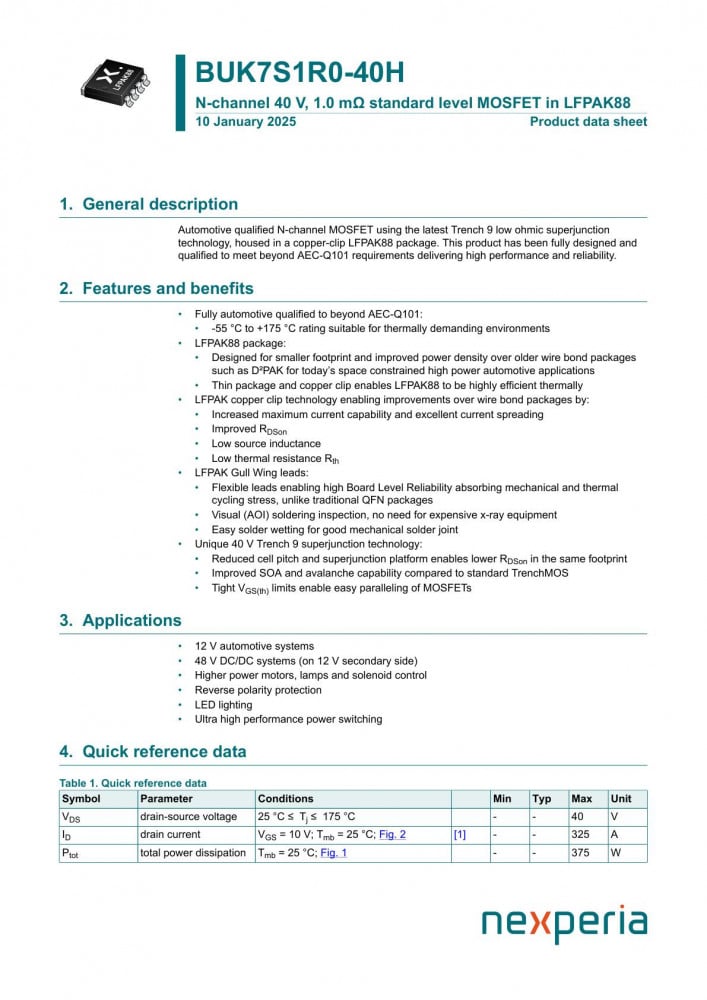 BUK7S1R0-40H datasheet page 1
