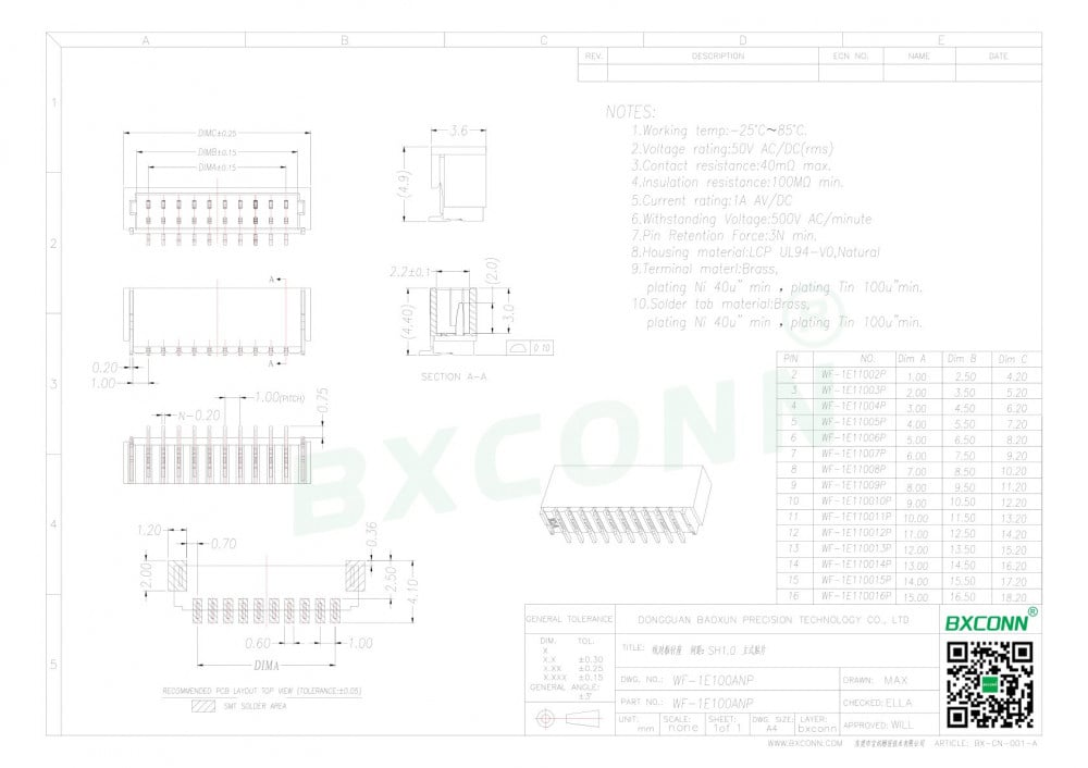 BXCONN WF-1E100A14P technical drawing page 1