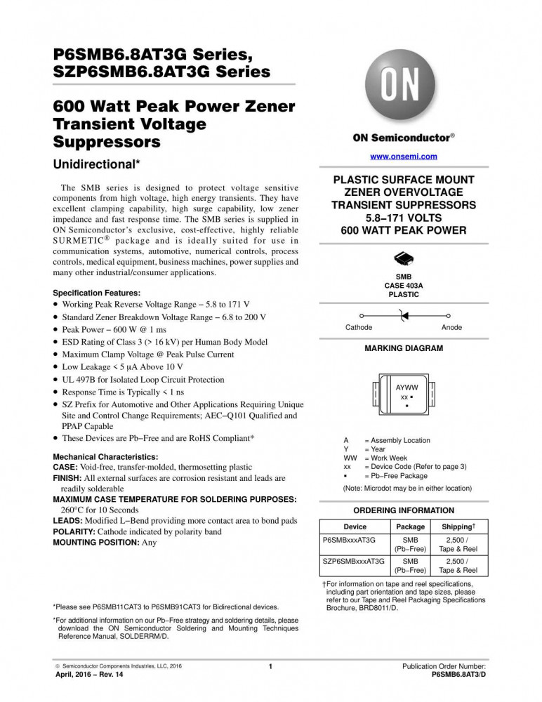 P6SMB160AT3G datasheet page 1