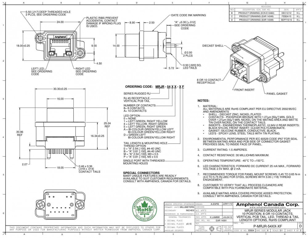 Amphenol MRJR series technical drawing page 1