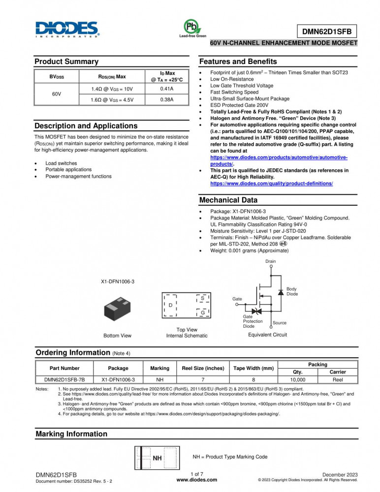 DMN62D1SFB-7B datasheet page 1