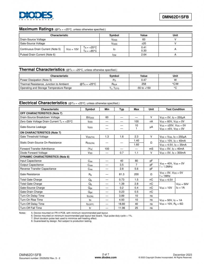 DMN62D1SFB-7B datasheet page 2