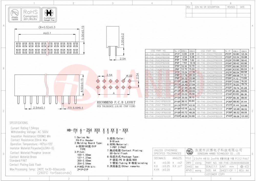 Hanbo Electronic HB-FH6-25422PB2GOB technical drawing