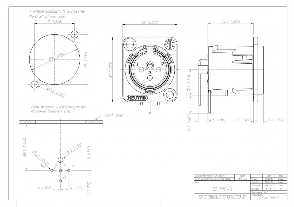 Neutrik NC3MD-H technical drawing