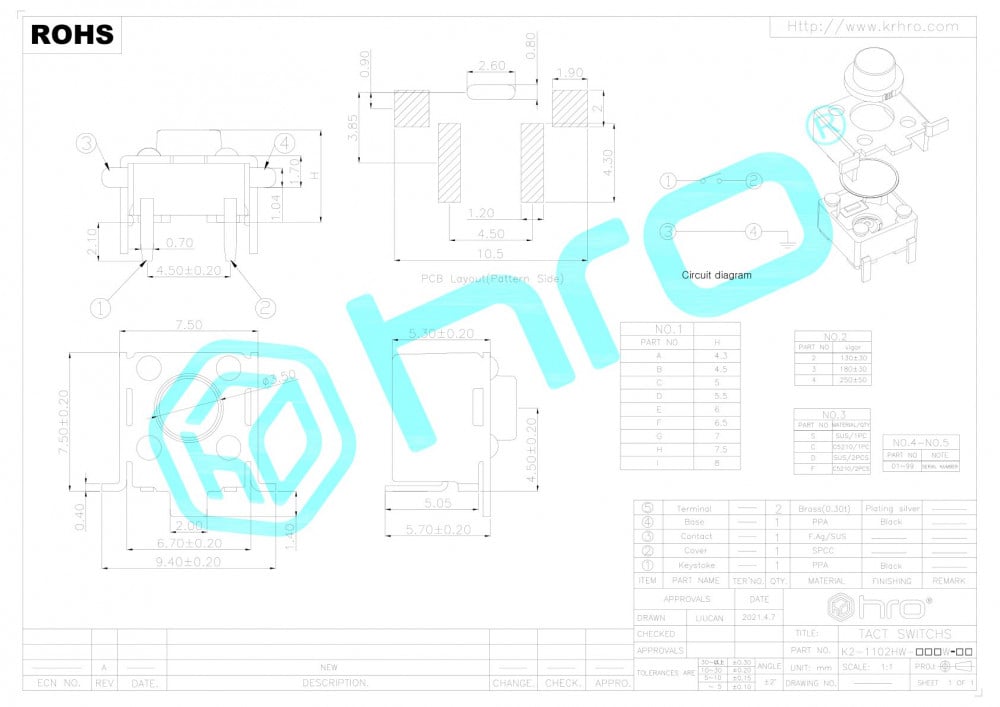 K2-1102HW series tactile switch drawing