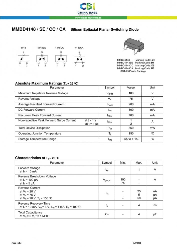 MMBD4148SE datasheet page 1