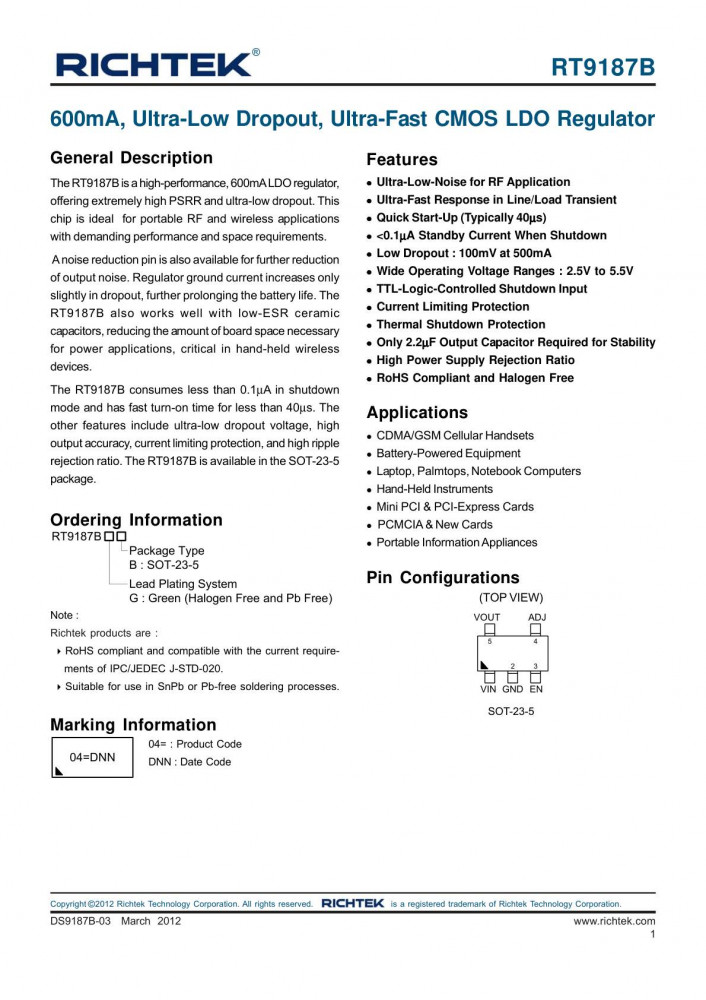 RT9187BGB datasheet page 1
