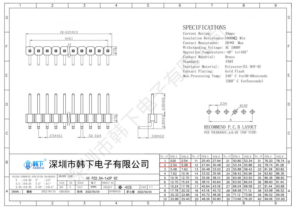 HX PZ2.54-1x2P WZ technical drawing