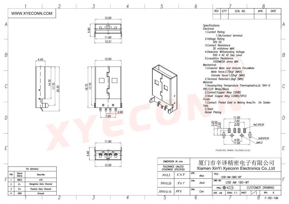 XYECONN USB AM 180-WT technical drawing
