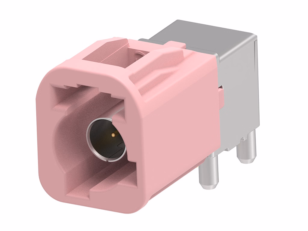 High-Speed FAKRA Mini (HFM) Single Header, 1x1, Right-Angle, Through Hole, Key H, Light Pink, 50 Ohms for sale