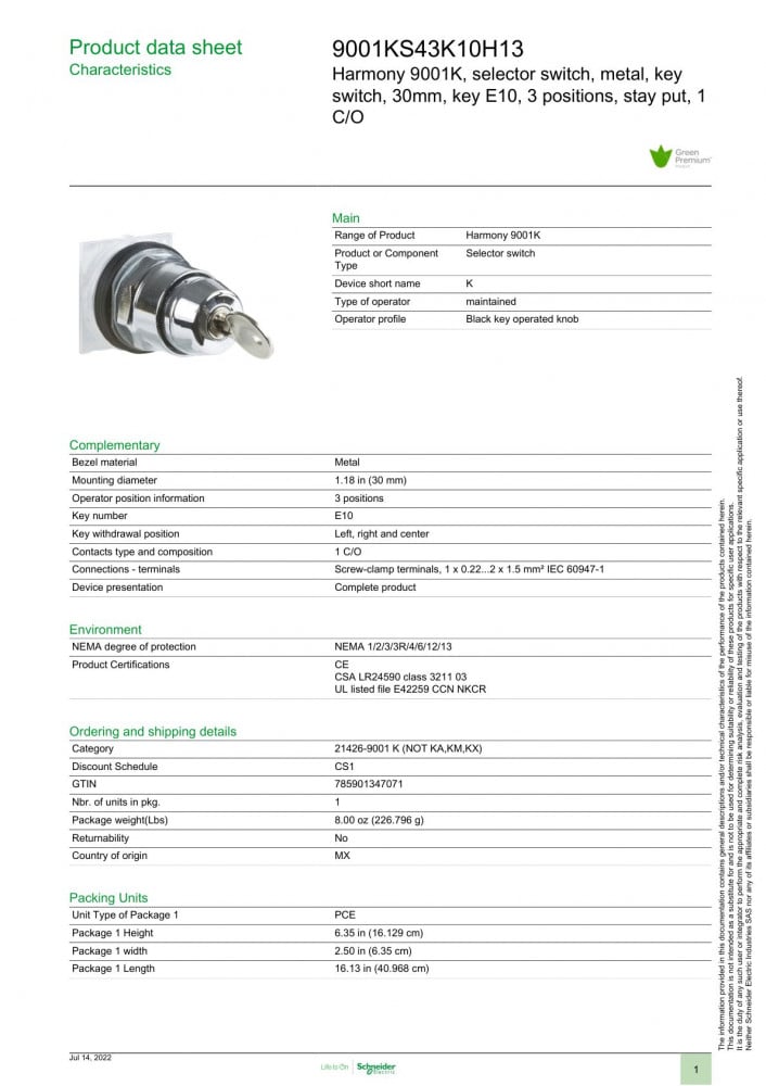 9001KS43K10H13 technical document page 1