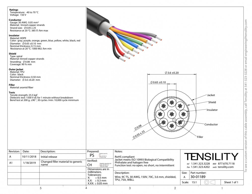 Tensility International 30-01189 cable specification drawing