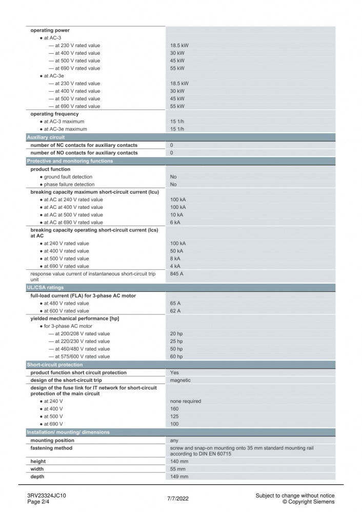 SIEMENS 3RV23324JC10 datasheet page 2