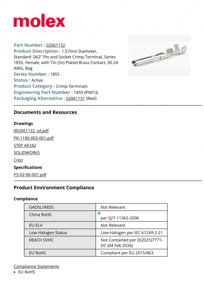 Molex .062 miniature pin terminals specification, page 1