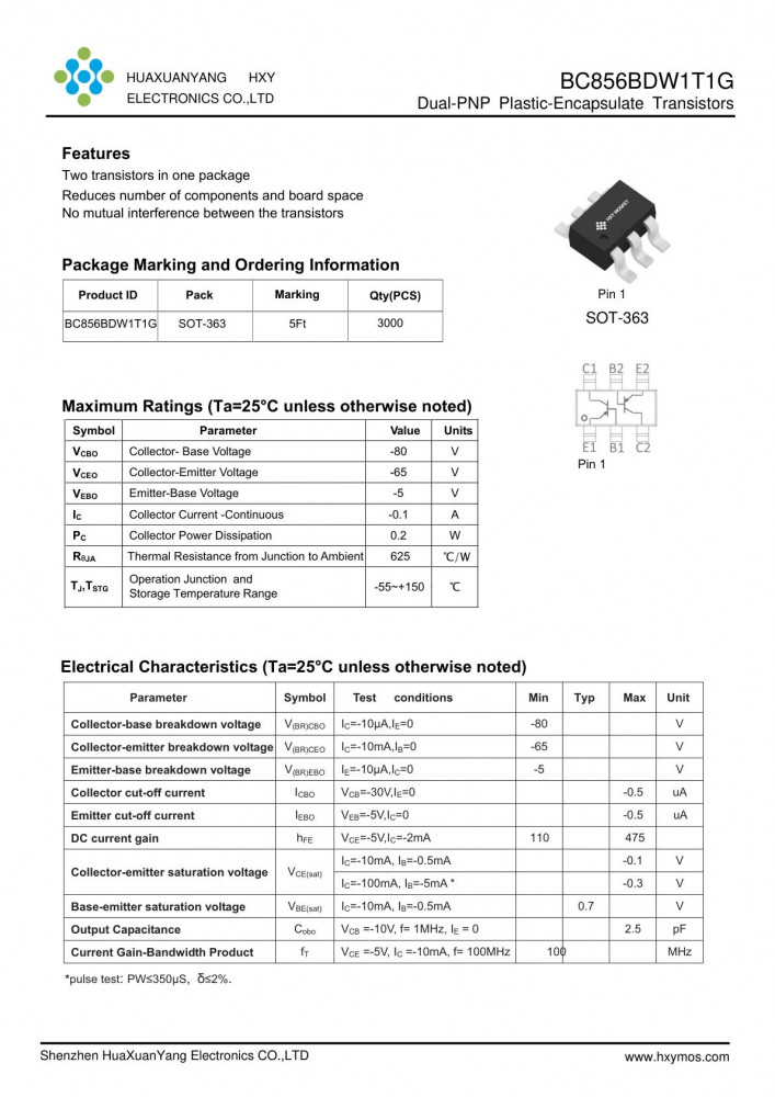 BC856BDW1T1G-HYX datasheet page 1