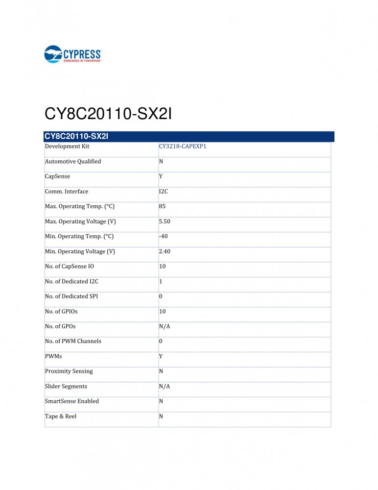 CY8C20110-SX2IT technical document page 1