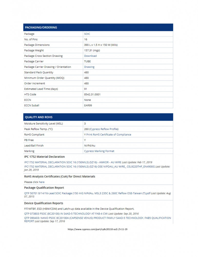 CY8C20110-SX2IT technical document page 2