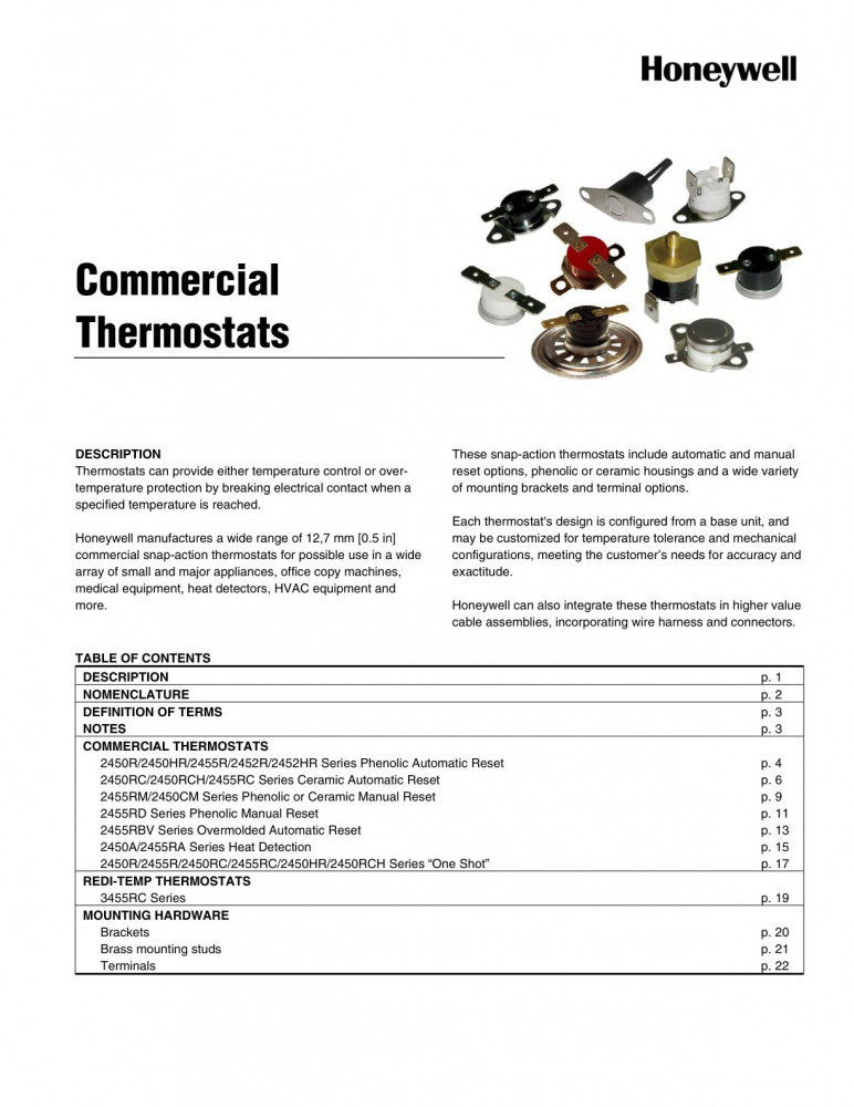 Honeywell commercial thermostat documentation page 1