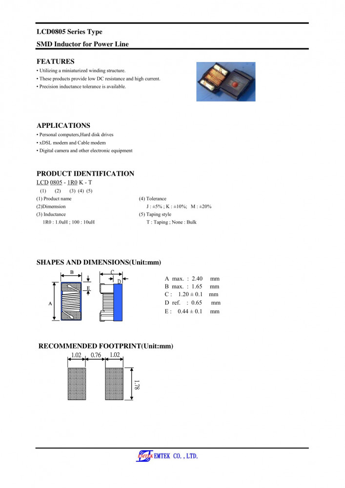 EMTEK LCD0805 series datasheet page 1