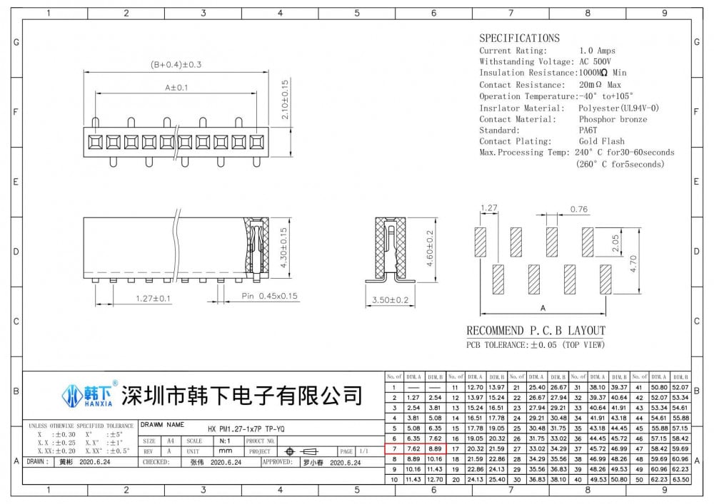 HX PM1.27-1x7P TP-YQ technical drawing preview