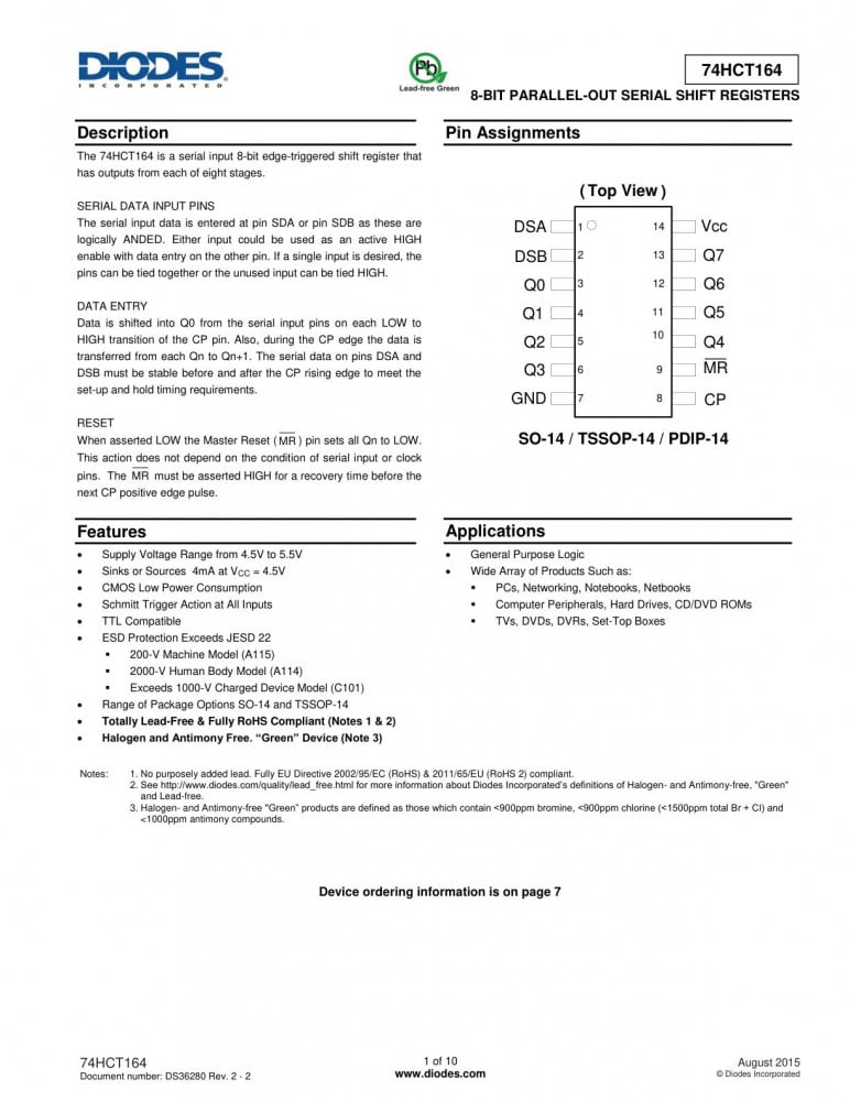 74HCT164D14 datasheet page 1