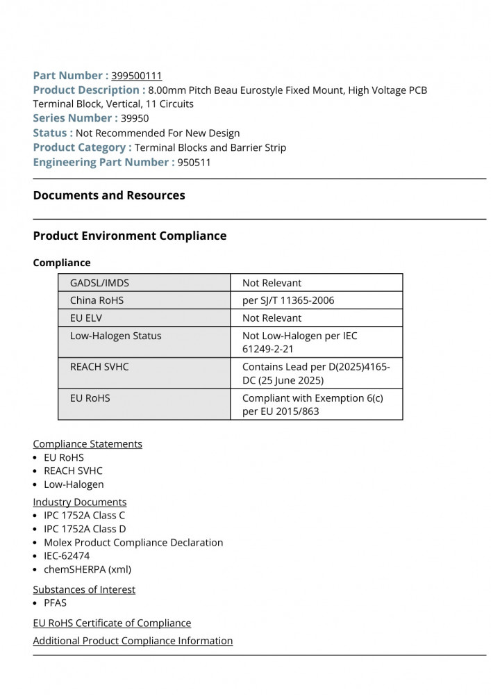 MOLEX 399500111 technical document image, page 1