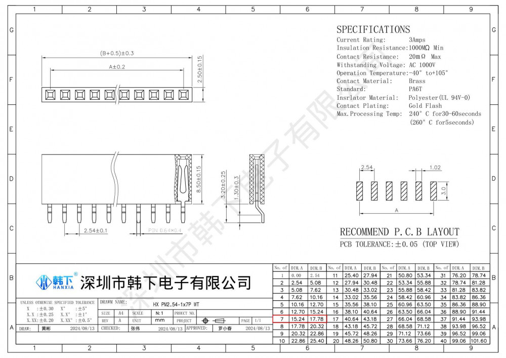 HX PM2.54-1x7P WT technical drawing