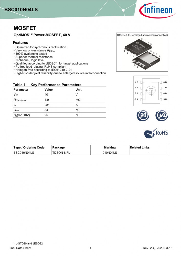 BSC010N04LS datasheet page 1